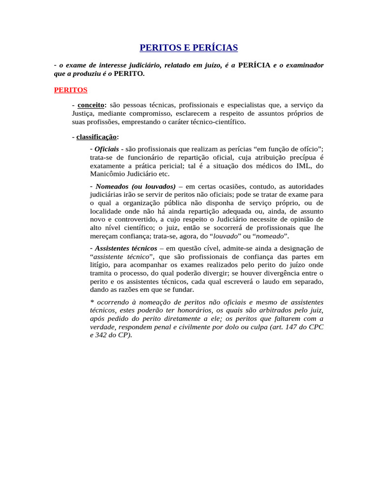 Resumo Medicina Legal 2024 - PERITOS E PERÍCIAS | PDF