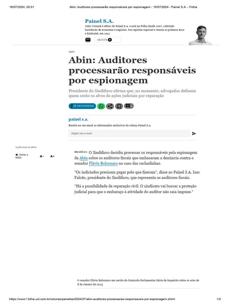 Abin - Auditores Processarão Responsáveis Por Espionagem - 15 - 07 - 2024 - Painel S.A. - Folha ...