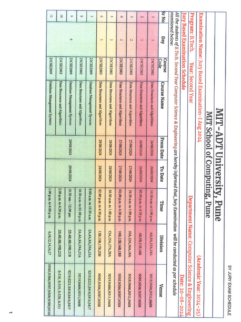 SY Jury Based Examination Schedule-JA-1 | PDF