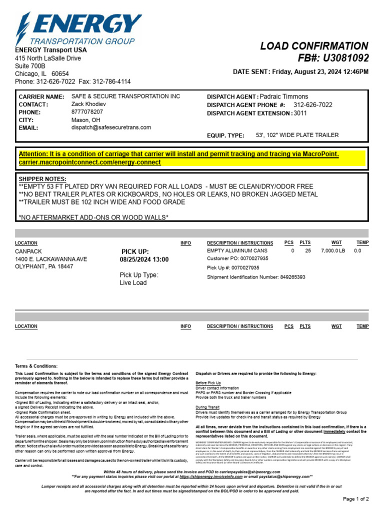 Load Confirmation FB#: U3081092: Description / Instructions PCS Plts ...