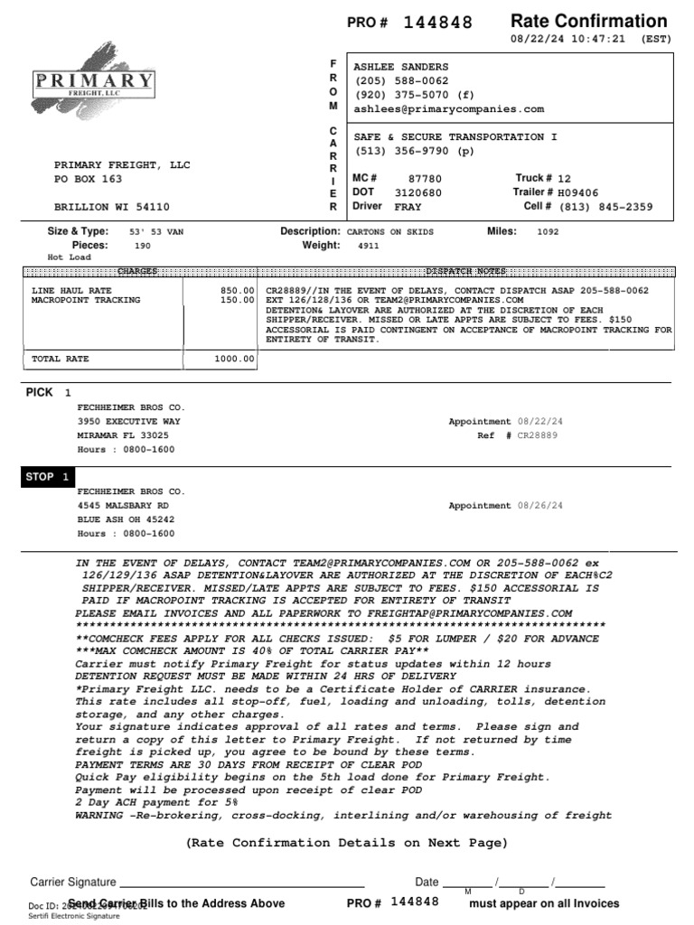 Rate Confirmation | PDF