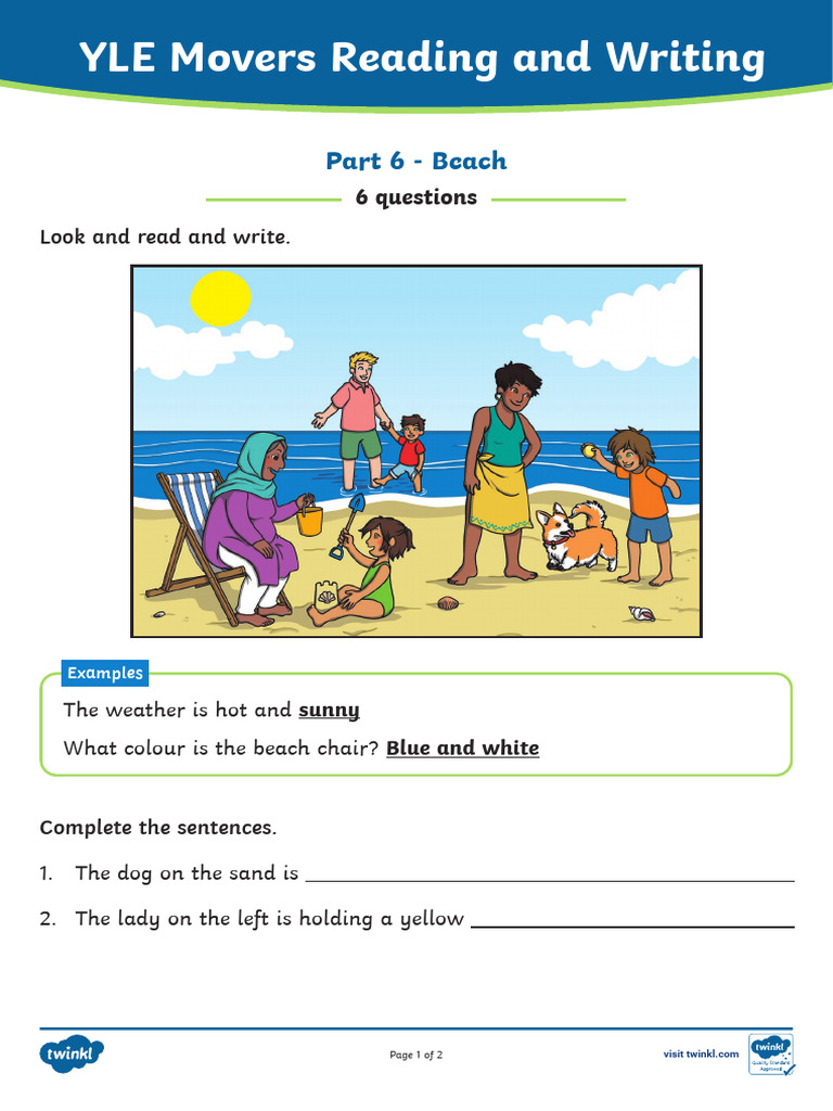 Movers Reading and Writing Part 6 Worksheet Beach Kids A1 - Ver - 2 | PDF