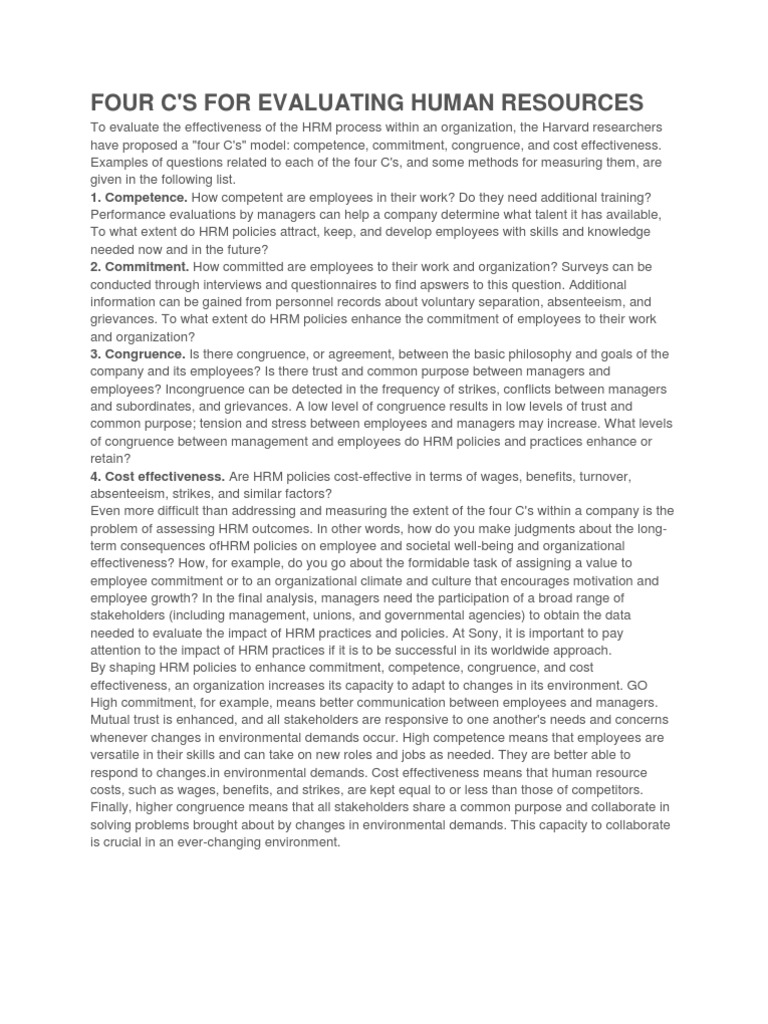 Evaluating HRM: The Four C's Model | PDF | Career & Growth
