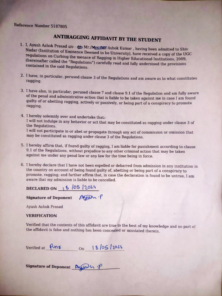 Antiragging The Student: Affidavit | PDF