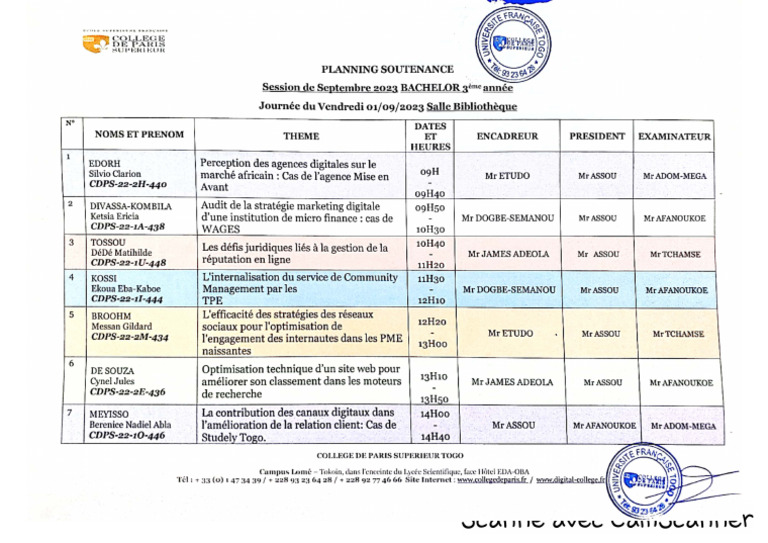 Planning Soutenance Bachelor 3 MDSM Session 2023 | PDF