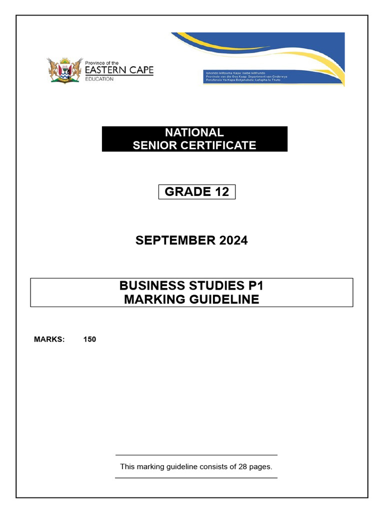 Business Studies p1 Gr12 Memo Sept 2024 - English | PDF