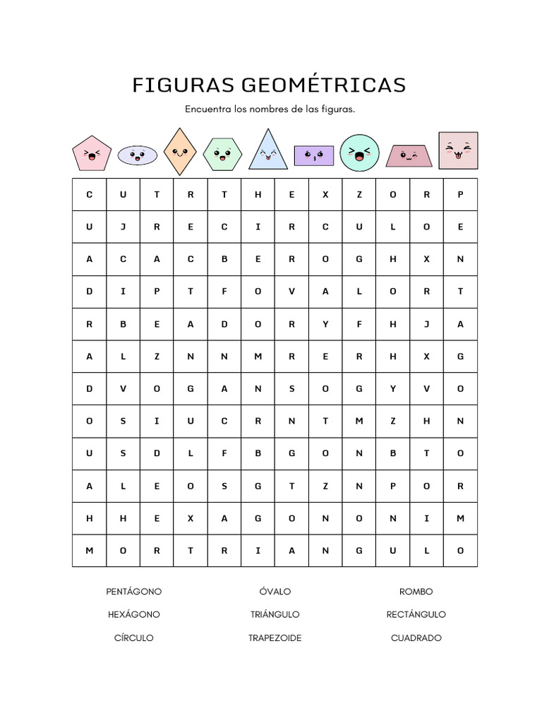 Hoja de Trabajo de Sopa de Letras Figuras Geométricas Estilo Kawaii ...