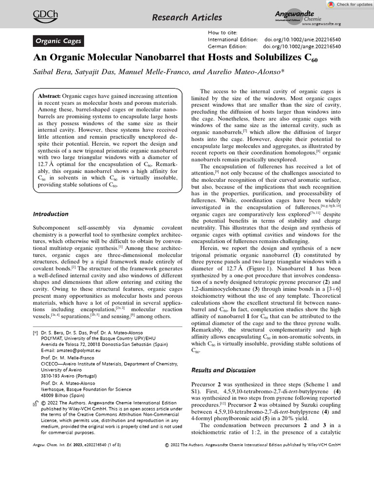 Angew Chem Int Ed - 2022 - Bera - An Organic Molecular Nanobarrel That Hosts and Solubilizes C60 ...