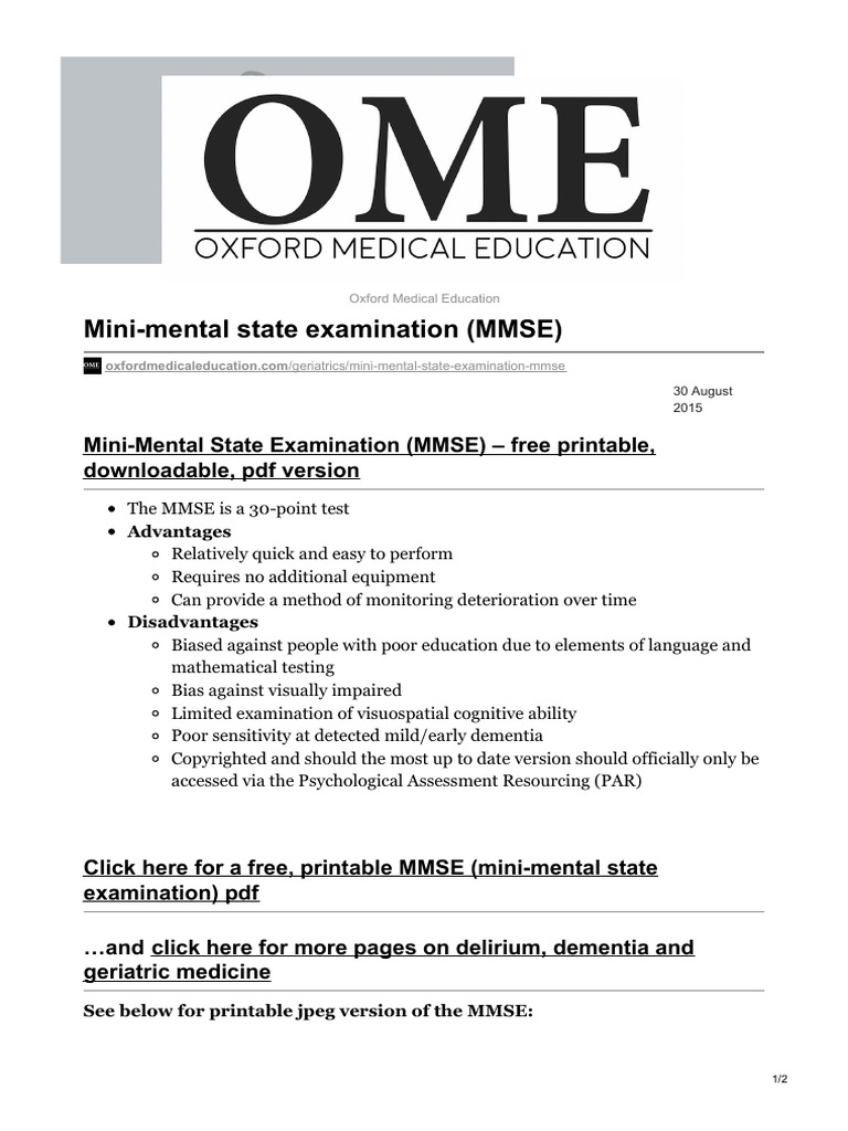 Mini-Mental State Examination MMSE | PDF