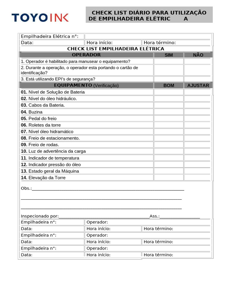 Check List de Op Empilhadeira Eletrica | PDF