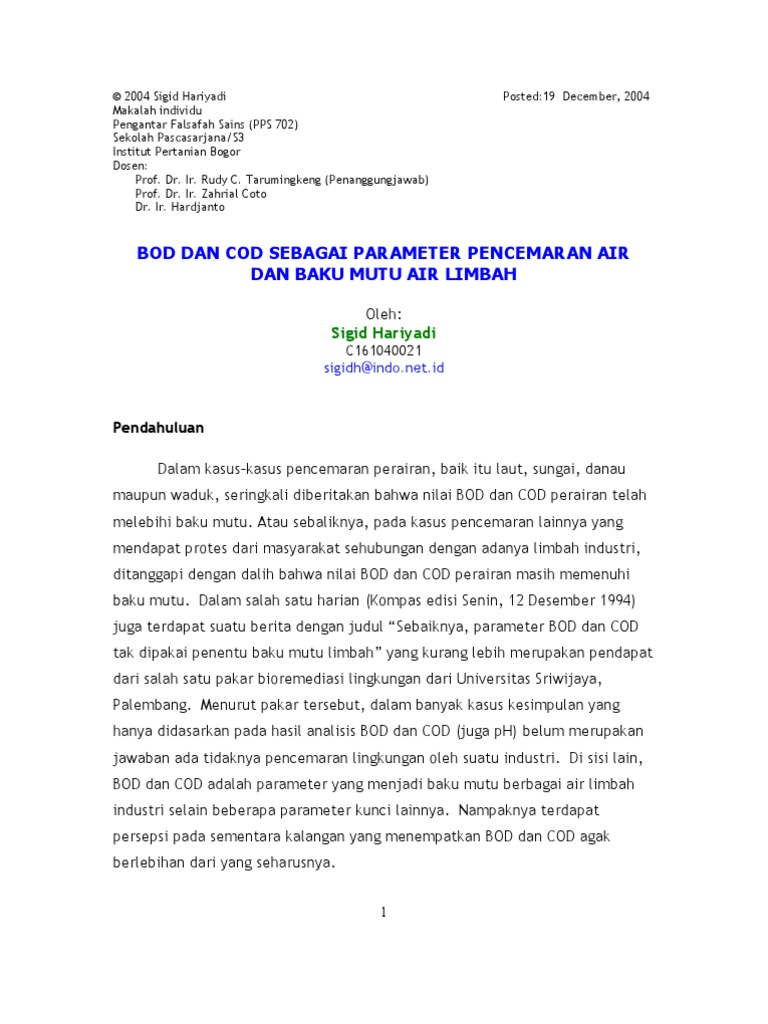 Bod Dan Cod Sebagai Parameter Pencemaran Air Dan Baku Mutu Air Limbah | PDF