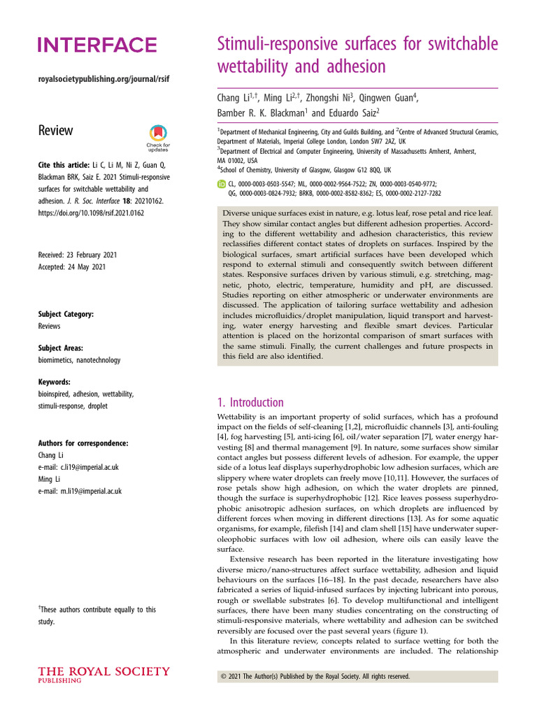 Li Et Al 2021 Stimuli Responsive Surfaces For Switchable Wettability ... Li Et Al 2021 Stimuli Responsive Surfaces For Switchable Wettability ...