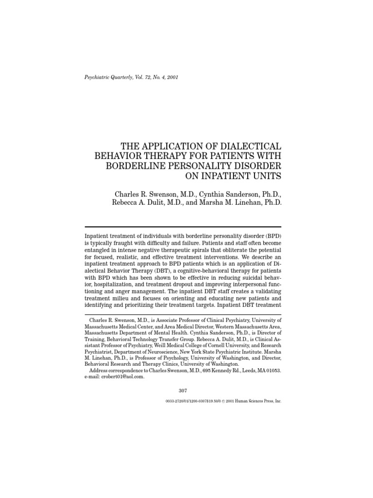 Inpatient DBT Swenson Et Al. 2007 | PDF