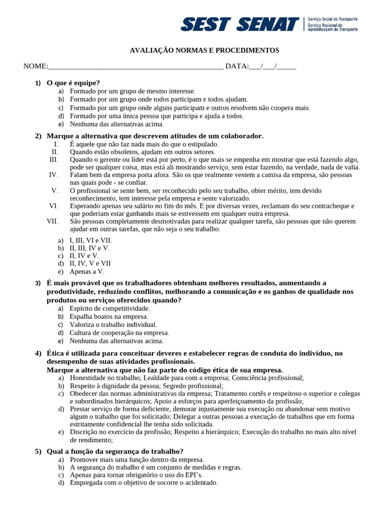 Avaliação Normas e Procedimentos | PDF