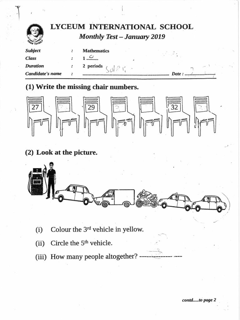 Lyceum Monthly Test Papers - Class 1 | PDF
