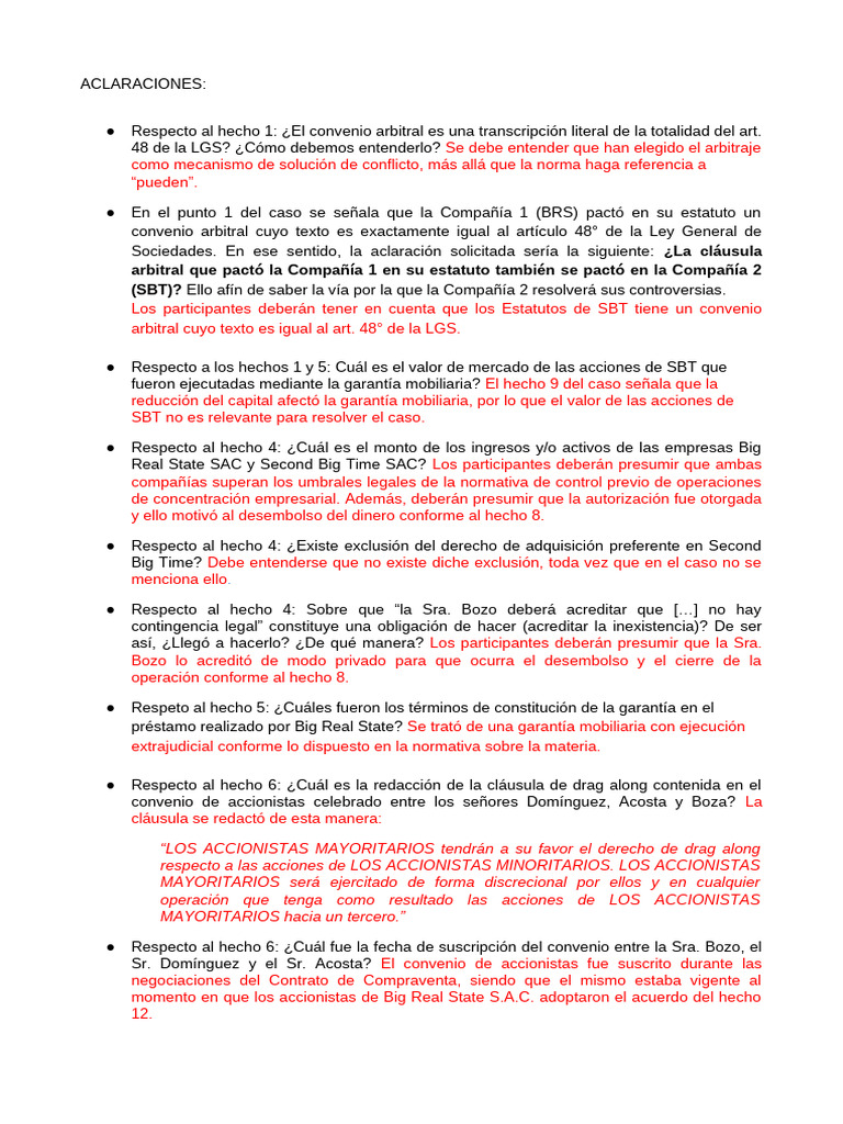 Aclaraciones II Contienda Legal de Derecho Societario | PDF