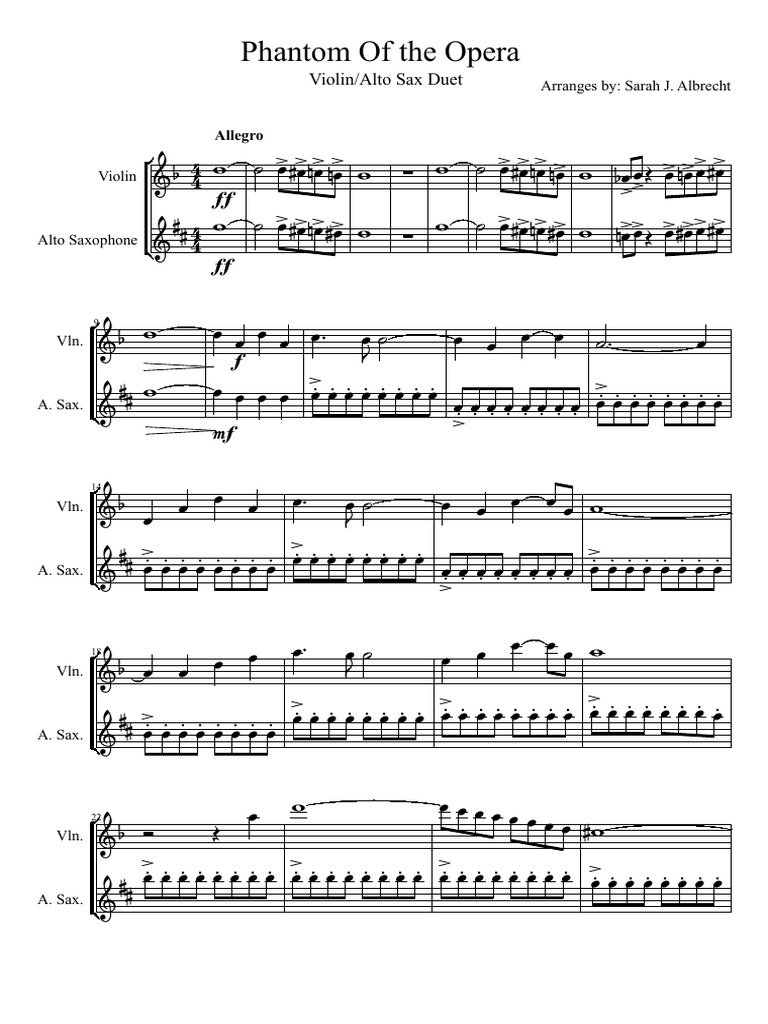 Phanton of The Opera Violin Alto Sax Duet | PDF