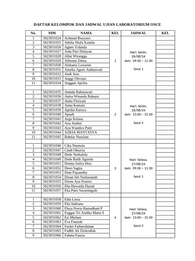 DAFTAR KELOMPOK DAN JADWAL UJIAN LABORATORIUM OSCE - Revisi | PDF