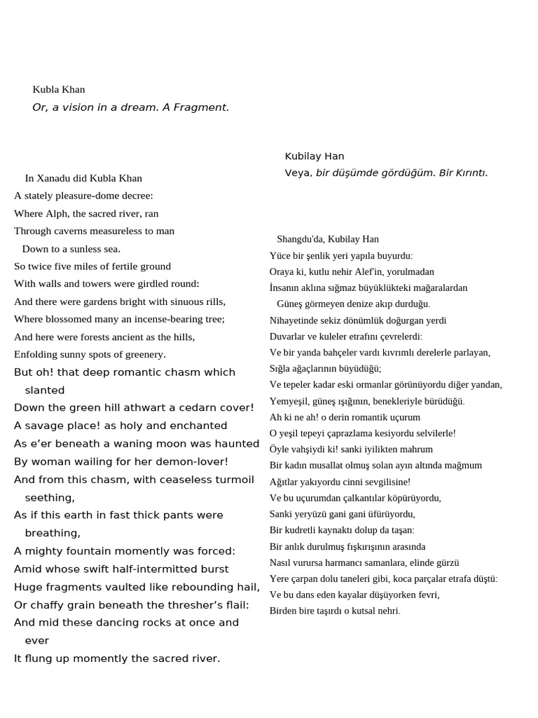 KUBLA KHAN - KUBİLAY HAN by Samuel Taylor Coleridge | PDF