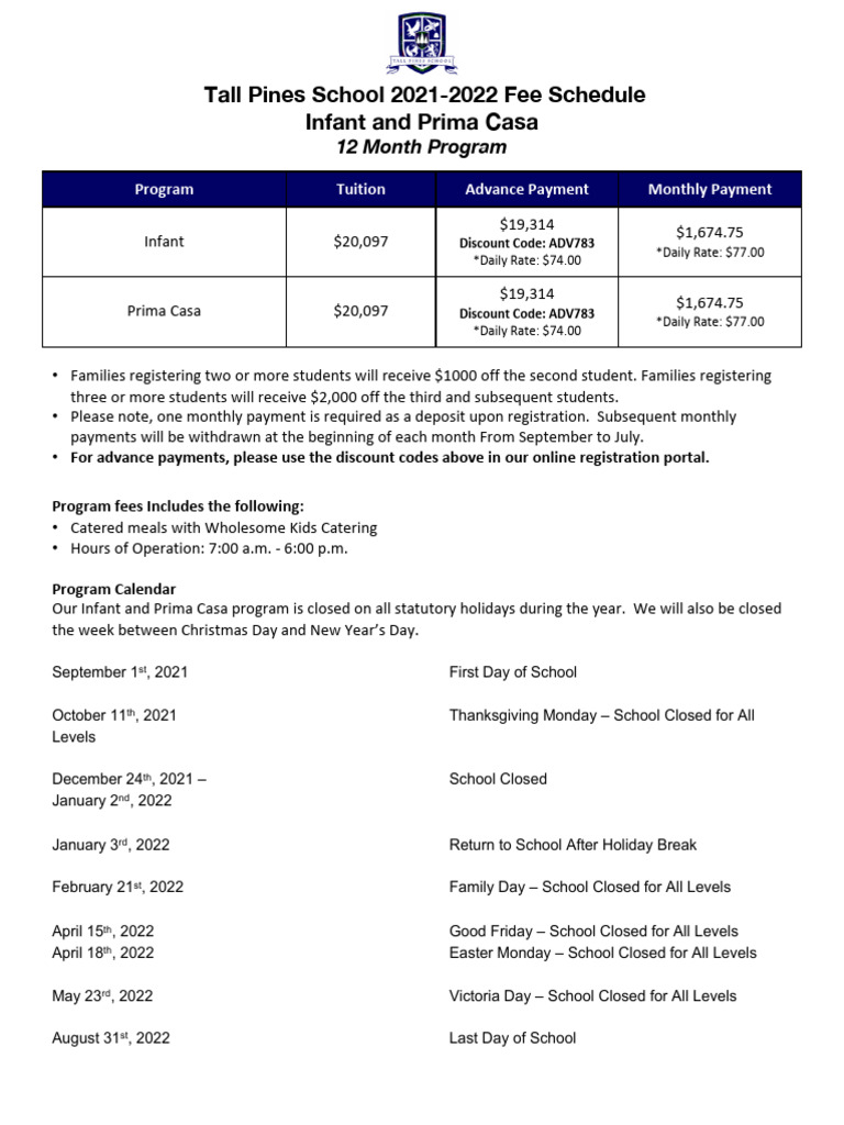 Infant and Prima Casa Fee Schedule2022-2023 | PDF | Public Holiday ...