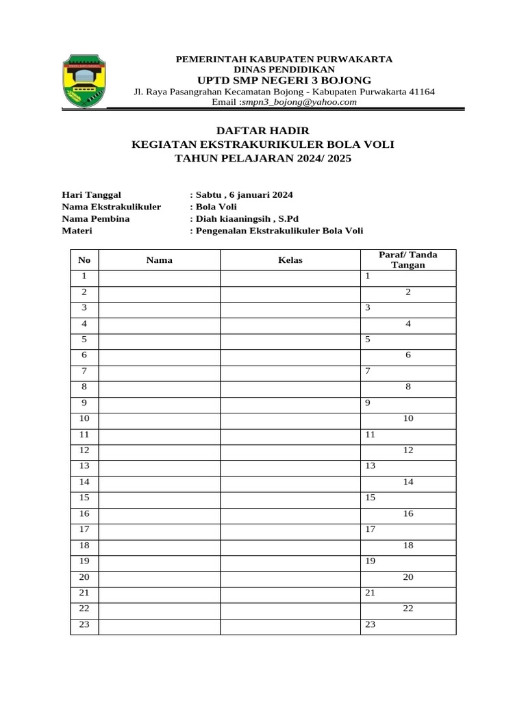 Format Daftar Hadir Kegiatan Ekskul | PDF