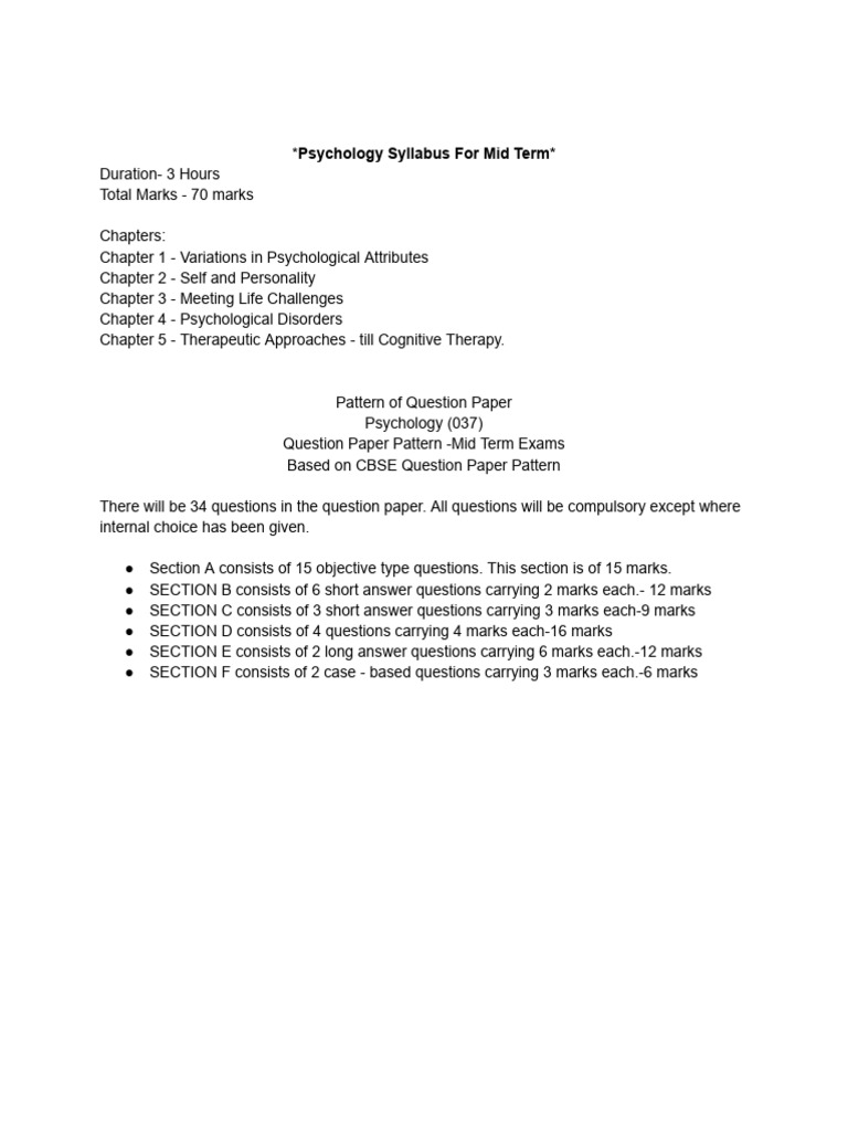 Psychology Class 12 Mid Term Syllabus | PDF