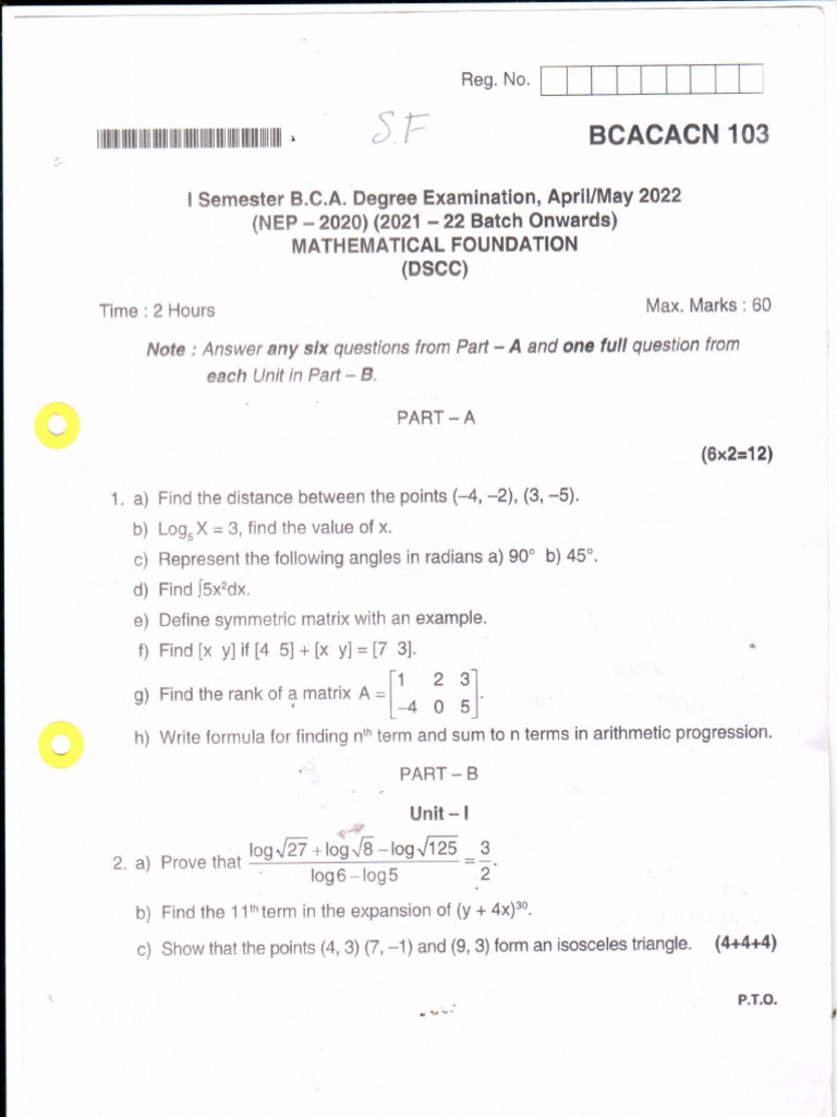 BCA I Semester Mathematical Foundation NEP April 2022 | PDF