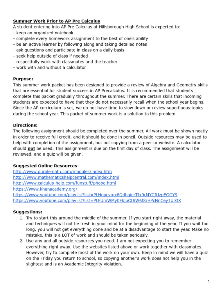 2024 Pre Work AP PreCalc | PDF