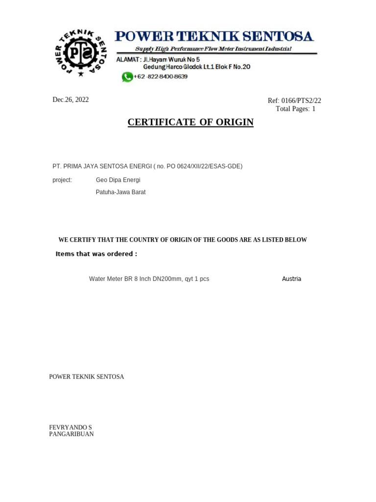 Certificate of Origin - PTS | PDF