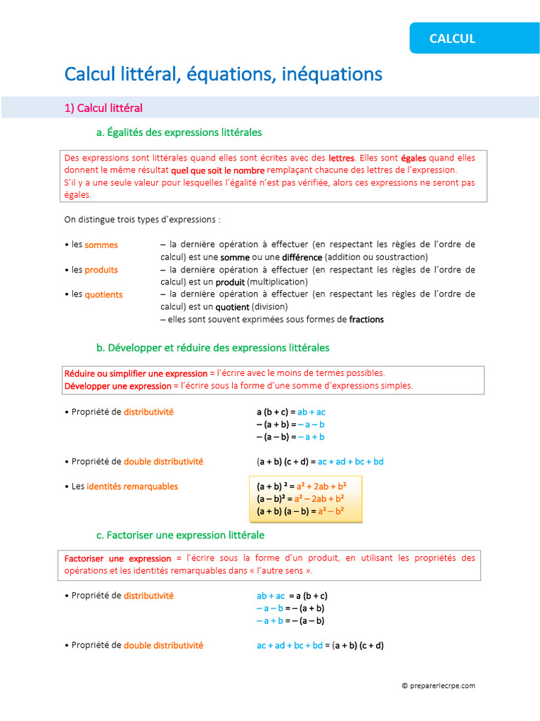 Calcul Littéral Équations | PDF