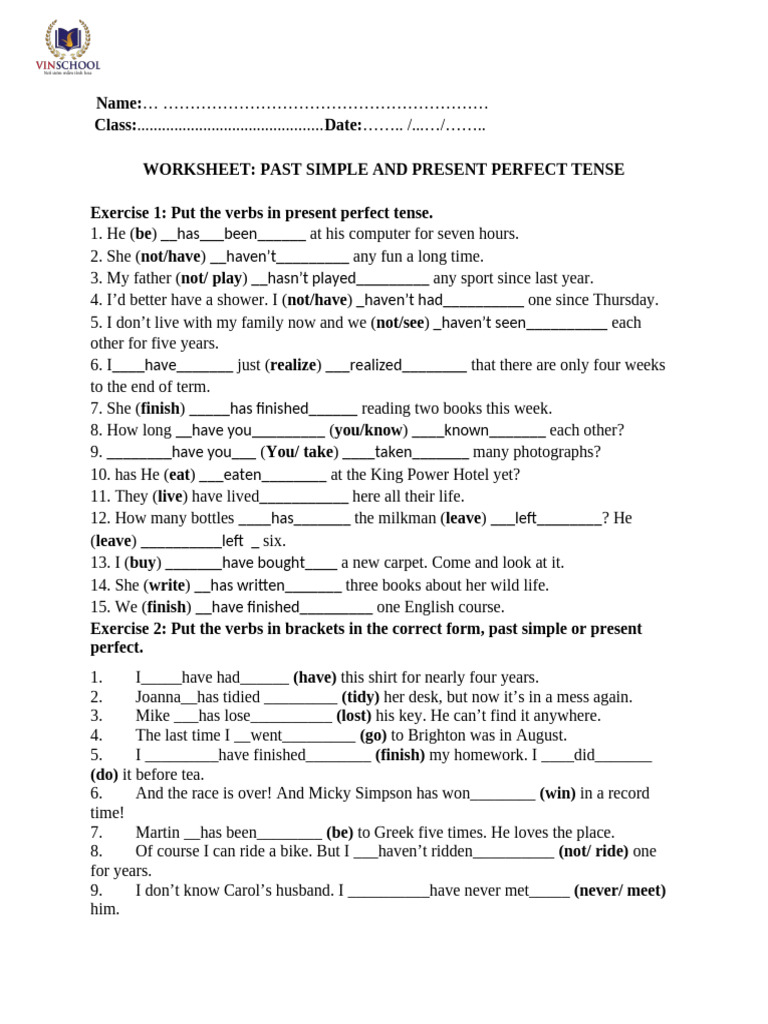 Worksheet - Past Simple and Present Perfect Tense-1 | PDF