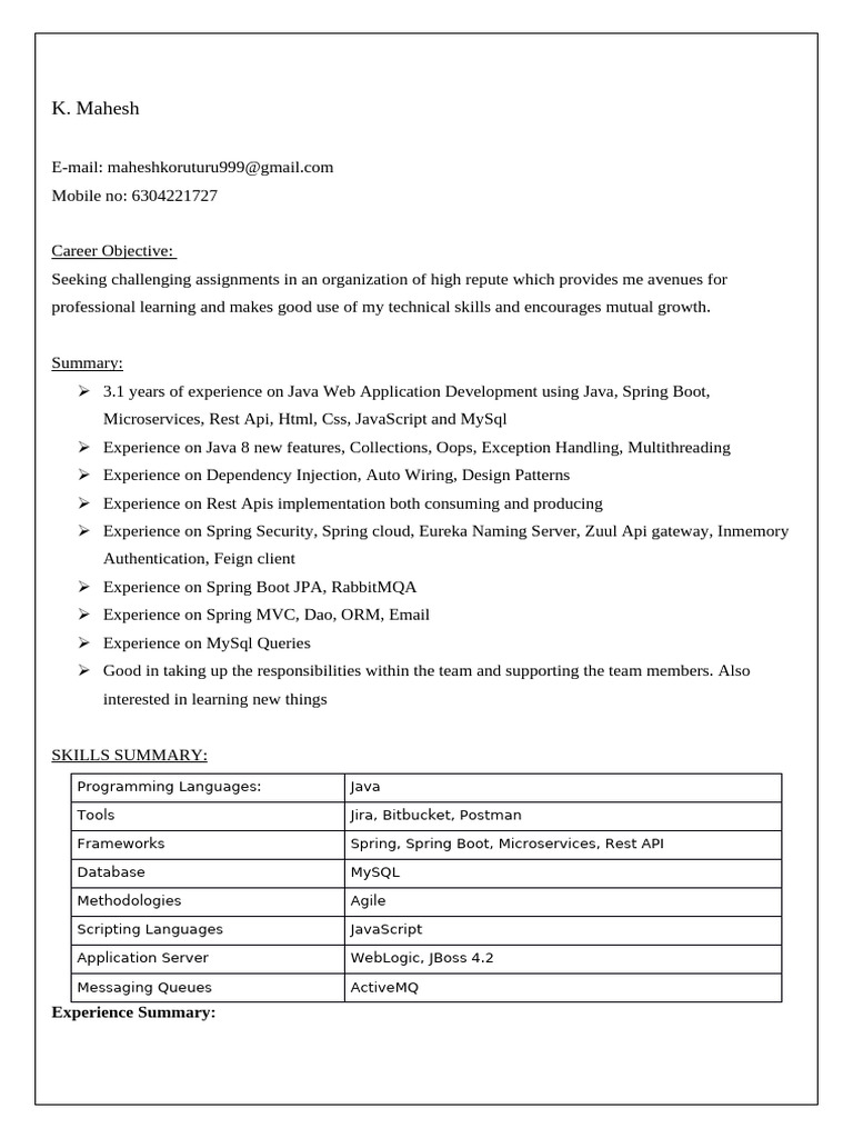Mahesh Java Resume 3.1 Years | PDF | Java (Programming Language) | Computers