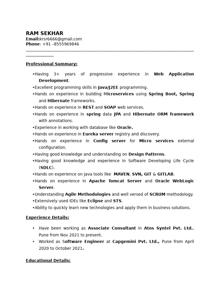 Ram Sekhar - JAVA Resume | PDF