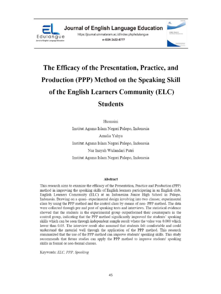 The Efficacy of The Presentation, Practice, and Production (PPP) Method On The Speaking Skillof ...