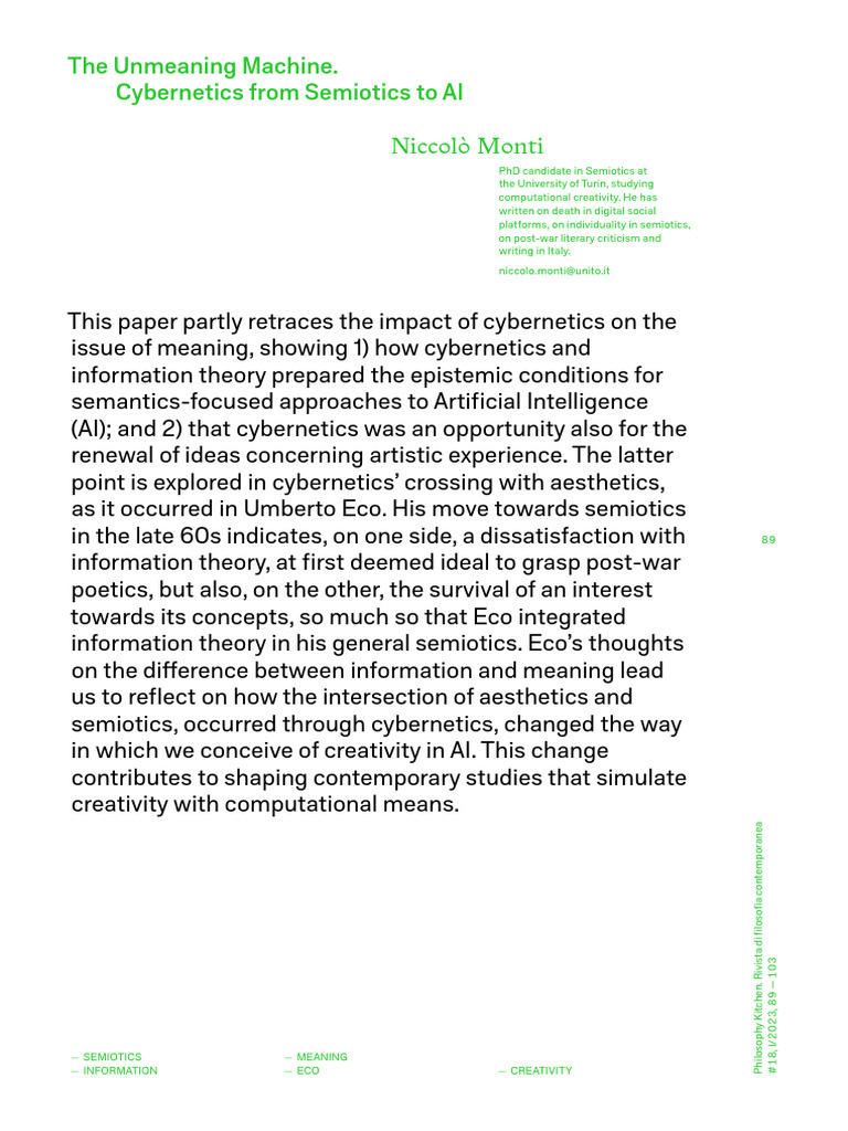 The Unmeaning Machine. Cybernetics From Semiotics To AI | PDF | Information | Semiotics