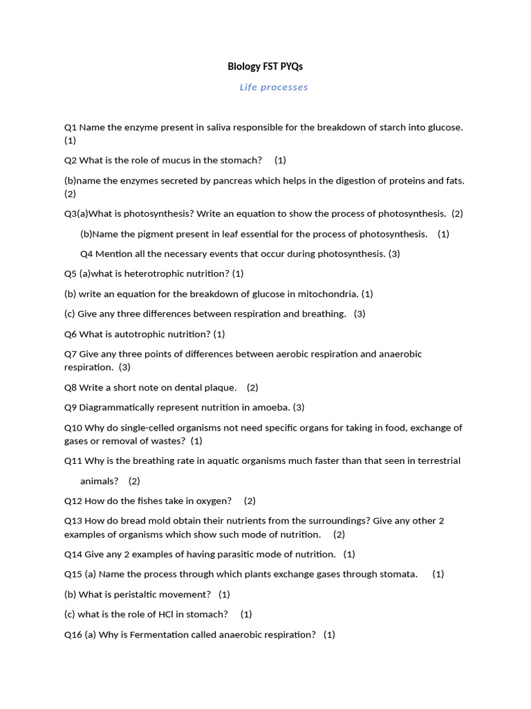PYQ Set 1 (Life Processes) | PDF