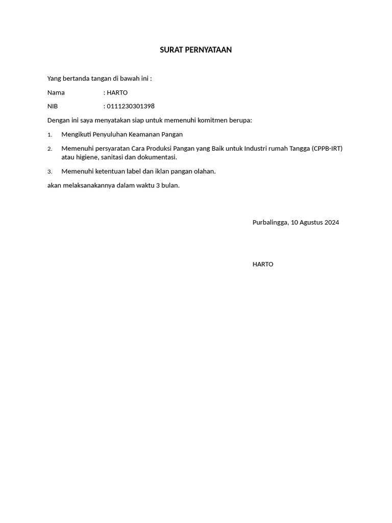 Surat Pernyataan Untuk Pirt | PDF