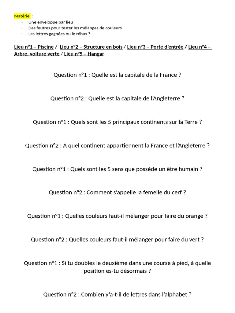 Questions Chasse Au Trésor | PDF