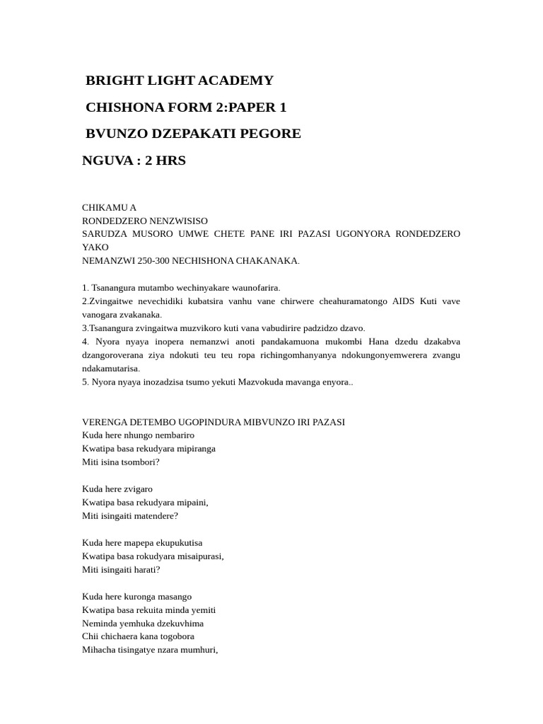 Chishona Form 2 Paper 1 | PDF | Science & Mathematics