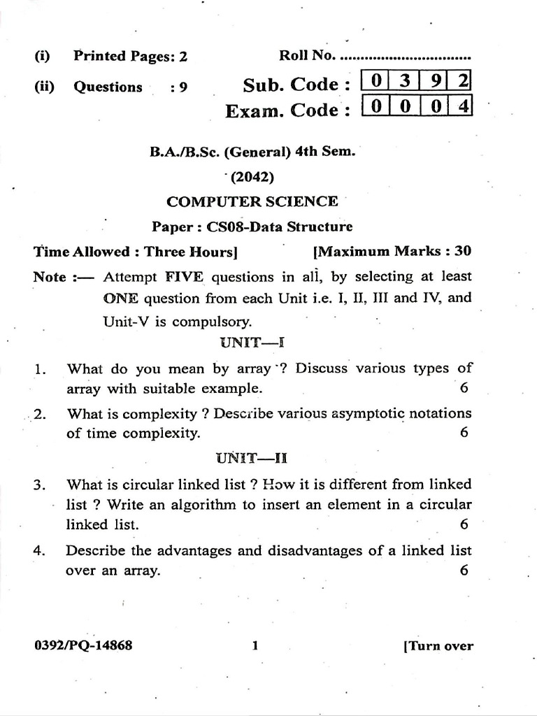 B A B SC General 4th Sem Computer Science Paper CS08 Data Structure | PDF