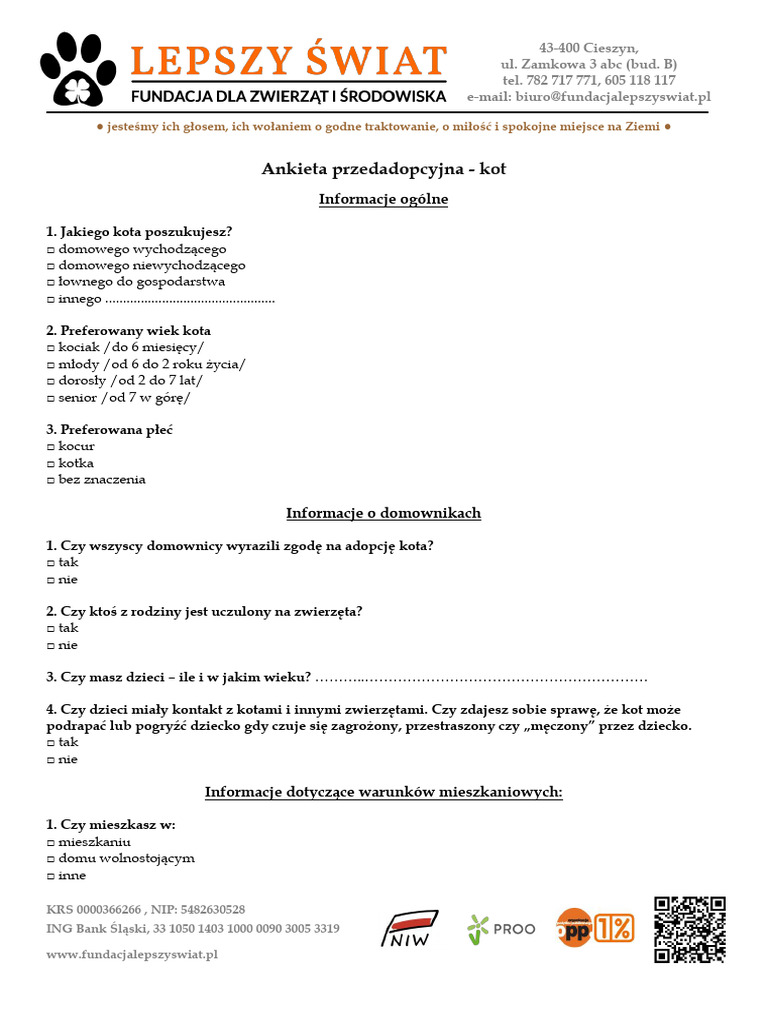 Ankieta Przedadopcyjna Kot | PDF