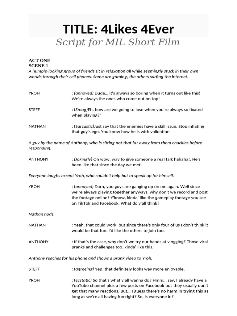 4likes 4ever Film Script | PDF