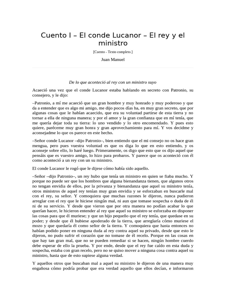 Cuento I - El Conde Lucanor - El Rey y El Ministro | PDF