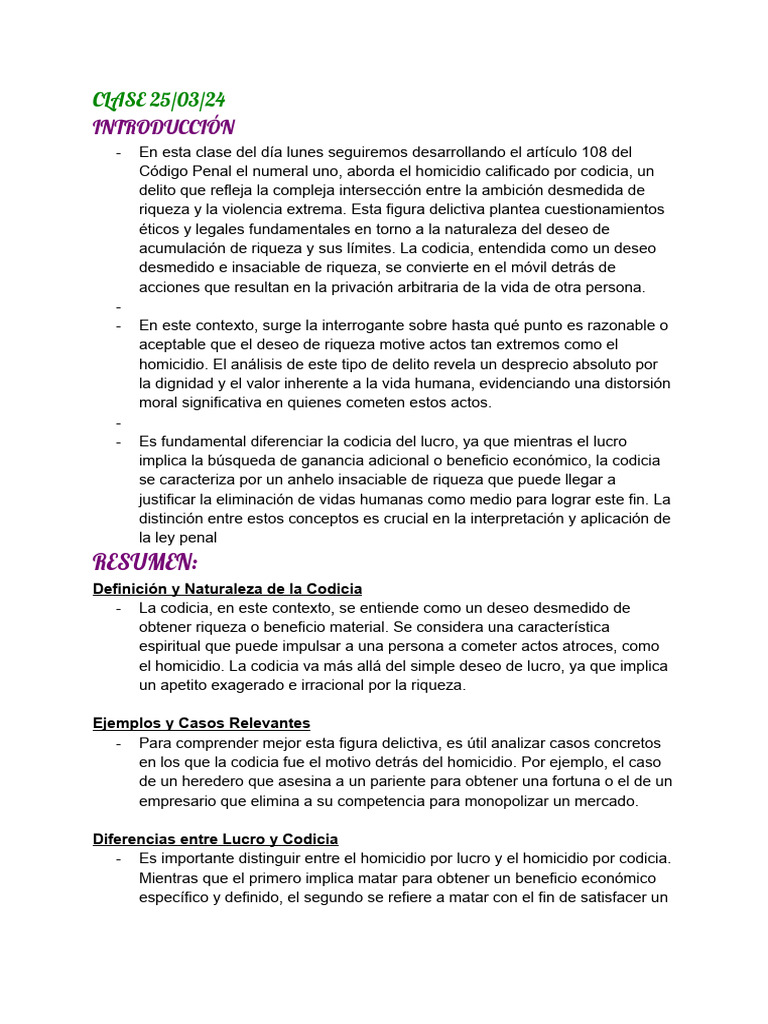 Art. 108 - Numeral 1 (Codicia) | PDF | Homicidio | Ciencias sociales