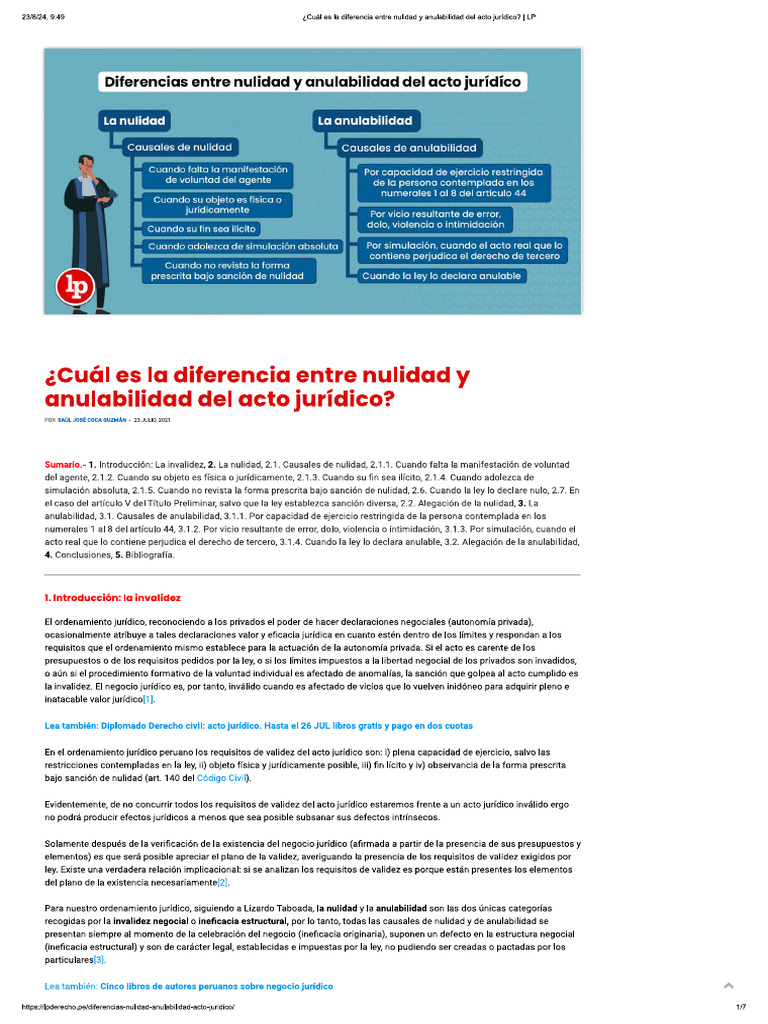 ¿Cuál Es La Diferencia Entre Nulidad y Anulabilidad Del Acto Jurídico - LP | PDF
