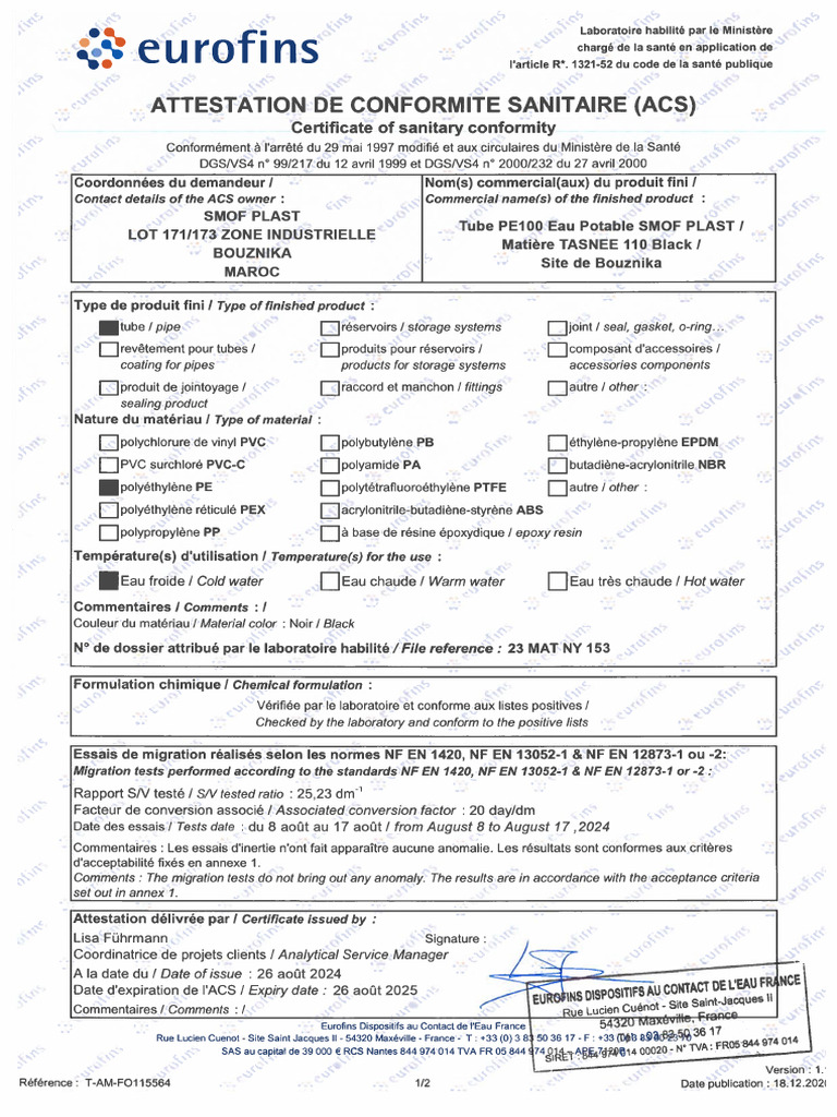 ACS Eurofins France Polyéthylène PE 100 SICDA-1 | PDF