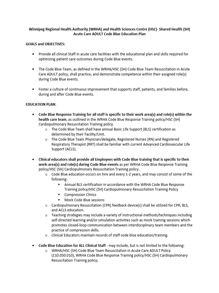 Critical Care Code Blue Education Plan | PDF