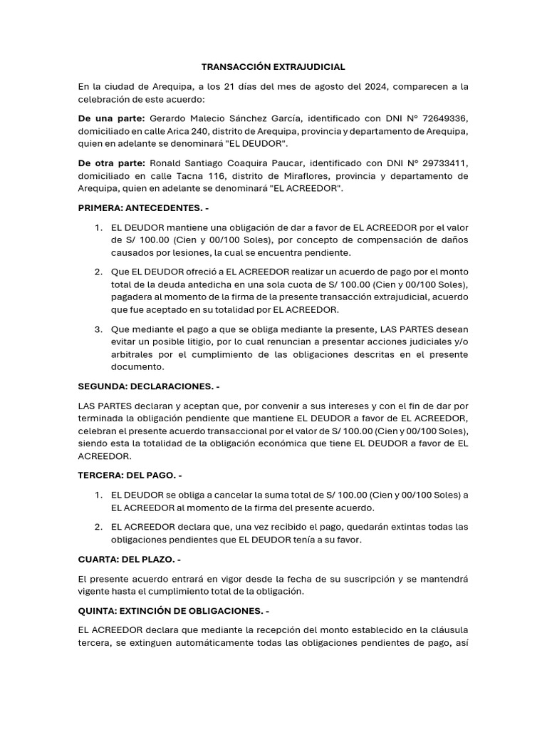 Transacción Extrajudicial | PDF
