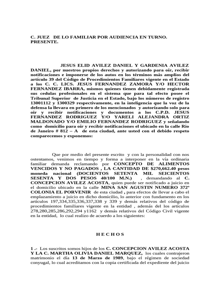 Demanda De Alimentos Retroactivos Pdf