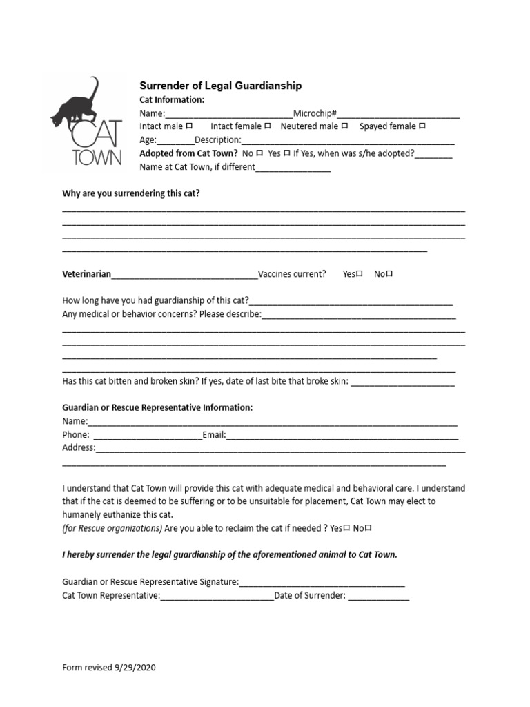 Cat Town Guardian Surrender Form | PDF